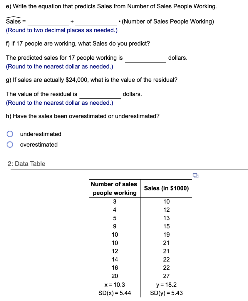Solved e) Write the equation that predicts Sales from Number | Chegg.com