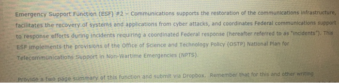 Solved Emergency Support Function (ESF) #2-Communications | Chegg.com