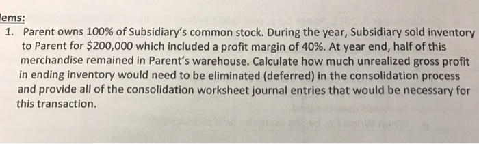 Solved 1, Parent owns 100% of Subsidiary's common stock. | Chegg.com