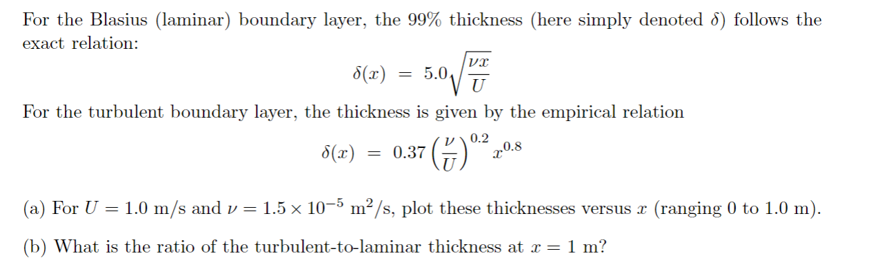 Solved For the Blasius (laminar) ﻿boundary layer, the 99% | Chegg.com