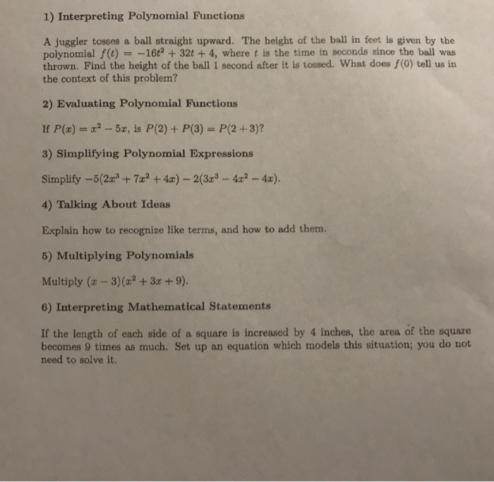 Solved 1) Interpreting Polynomial Functions A juggler tosses | Chegg.com