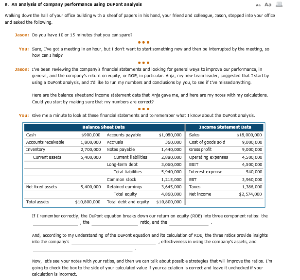 Solved 9. An analysis of company performance using DuPont | Chegg.com