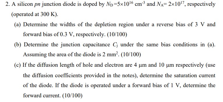 Solved 2. A silicon pn junction diode is doped by ND=5×1016 | Chegg.com