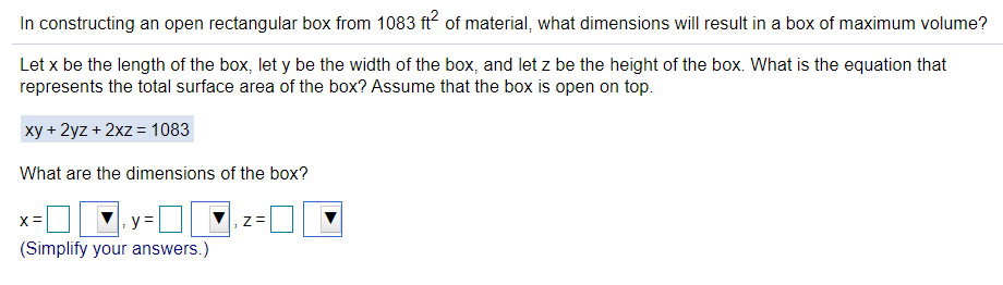 Solved In constructing an open rectangular box from 1083 ft | Chegg.com
