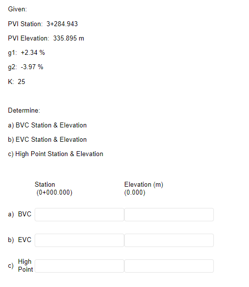 Solved Given: PVI Station: 3+284.943 PVI Elevation: 335.895 | Chegg.com
