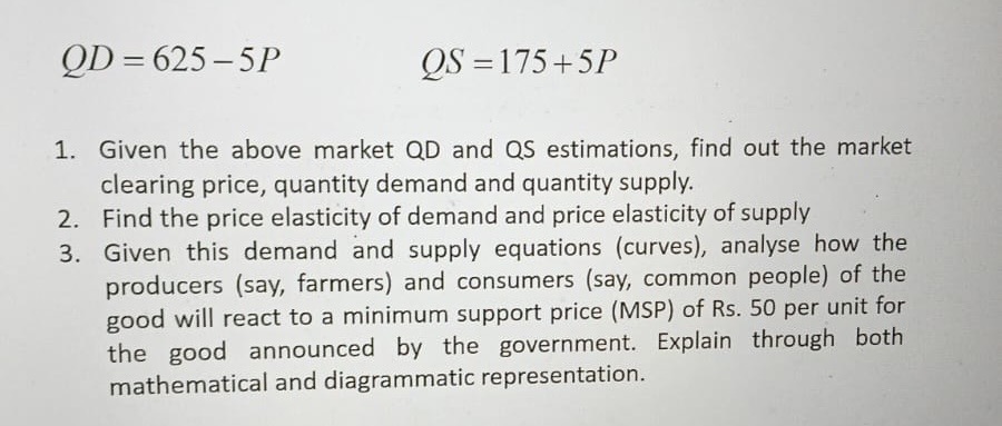 QD=625-5PQS=175+5PGiven the above market QD ﻿and QS | Chegg.com