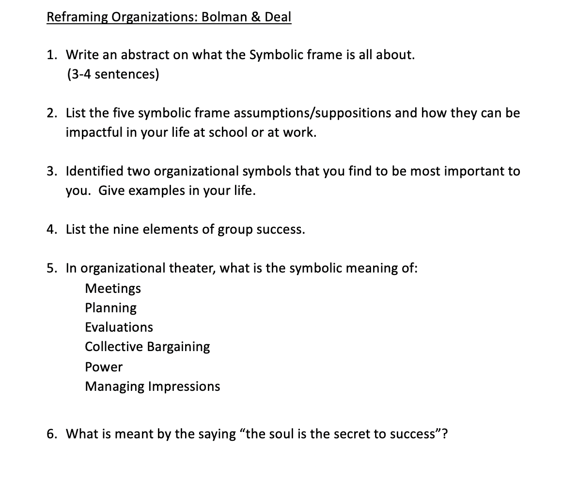 Solved Reframing Organizations: Bolman & Deal 1. Write an | Chegg.com