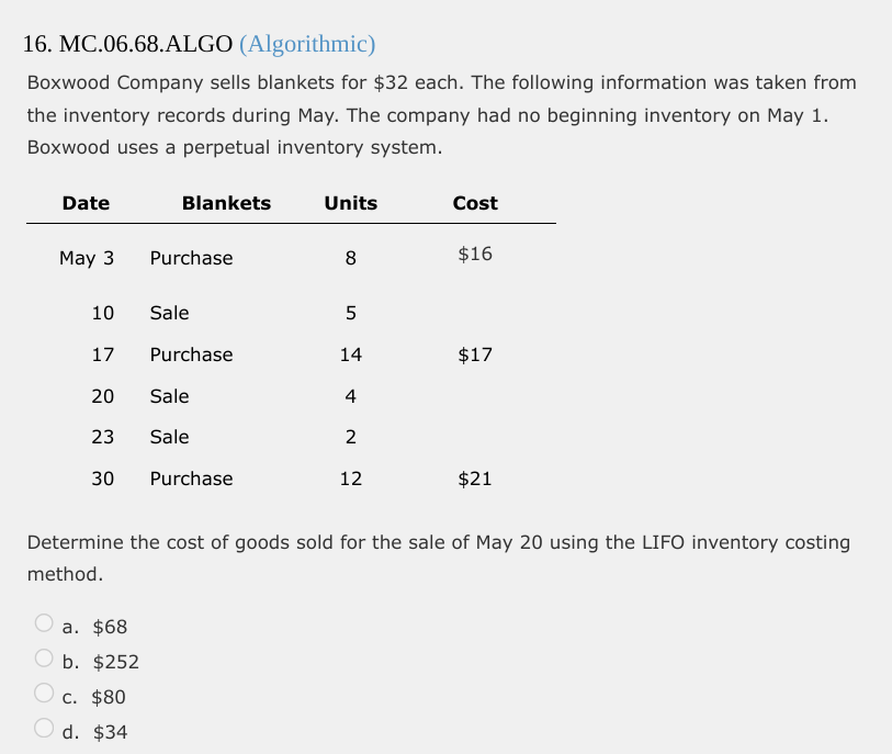 Solved 16. MC.06.68.ALGO (Algorithmic) Boxwood Company sells | Chegg.com