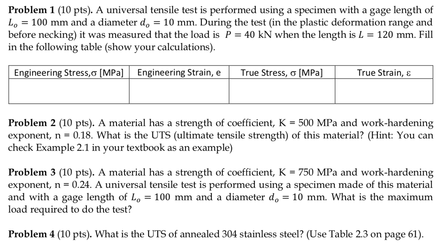 Solved == = Problem 1 (10 pts). A universal tensile test is | Chegg.com