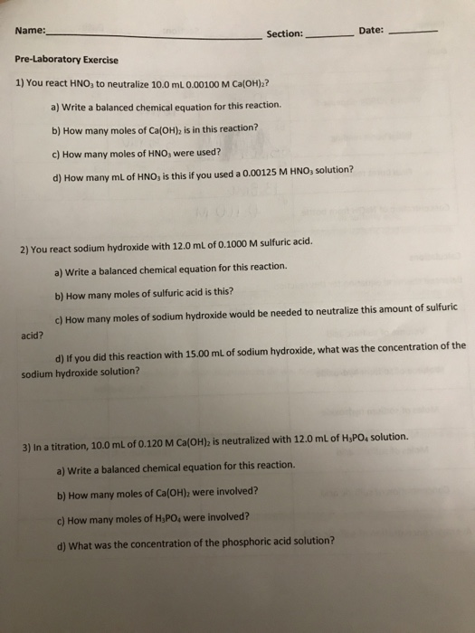 Solved Name: Date: Section: Pre-Laboratory Exercise 1) You | Chegg.com