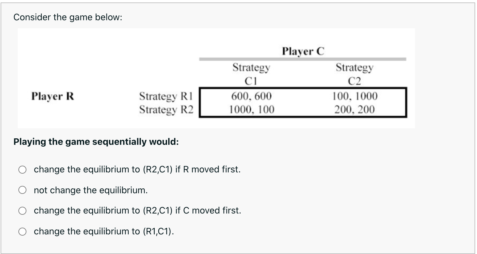 Solved Consider the game below: Player R Strategy R1 | Chegg.com