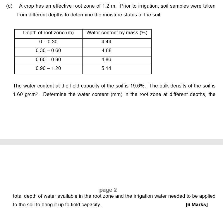 Solved (d) A crop has an effective root zone of 1.2 m. Prior | Chegg.com