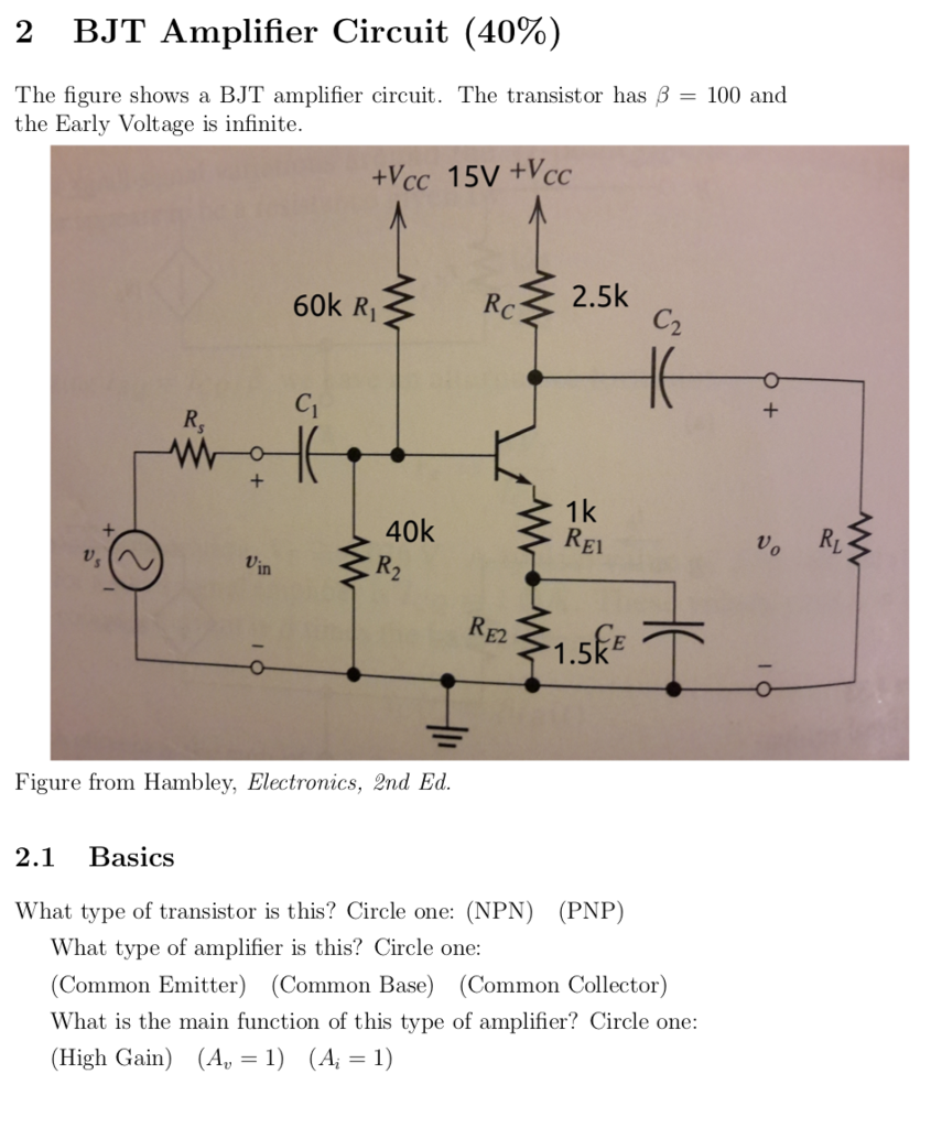 Solved BJT Amplifier Circuit(40%) The figure shows a BJT | Chegg.com