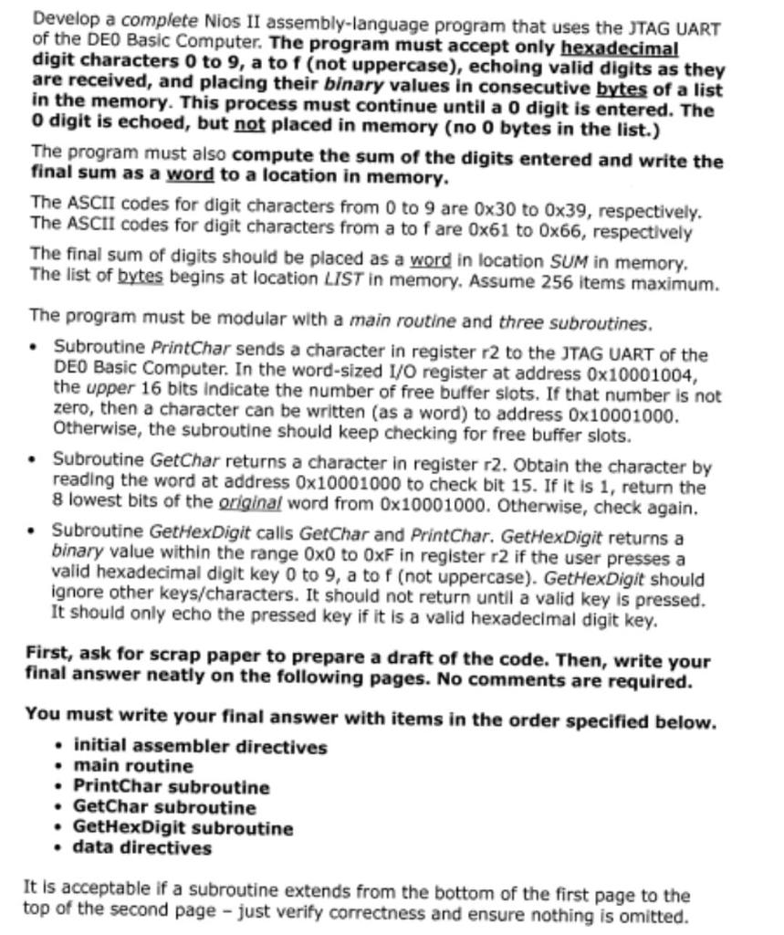 Develop a complete Nios II assembly-language program | Chegg.com