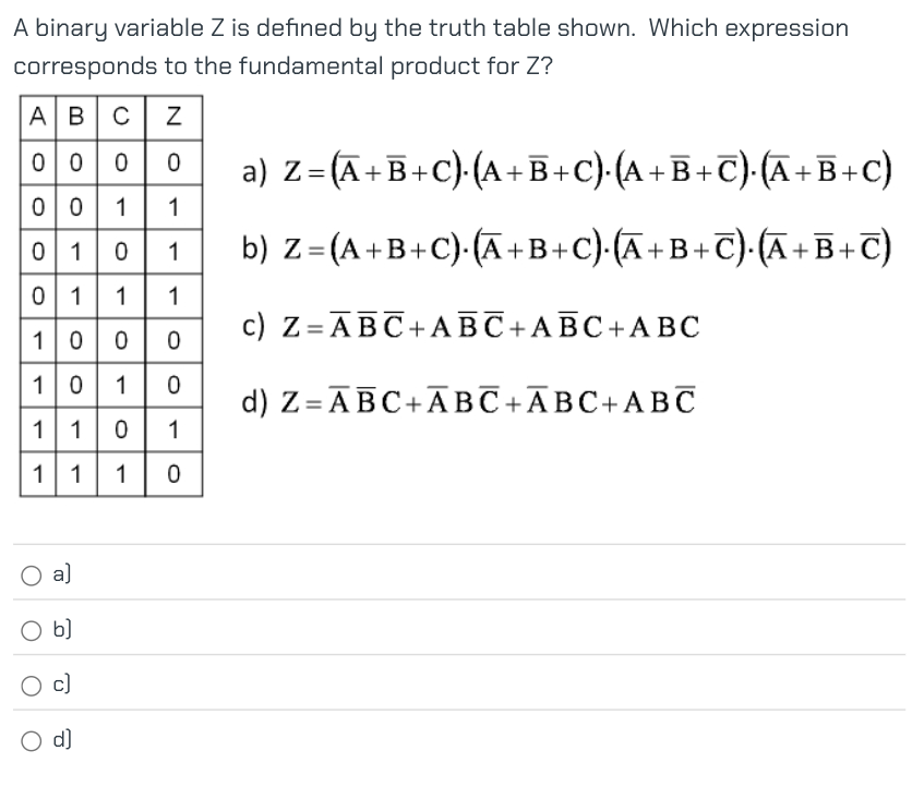 Solved A binary variable Z is defined by the truth table | Chegg.com