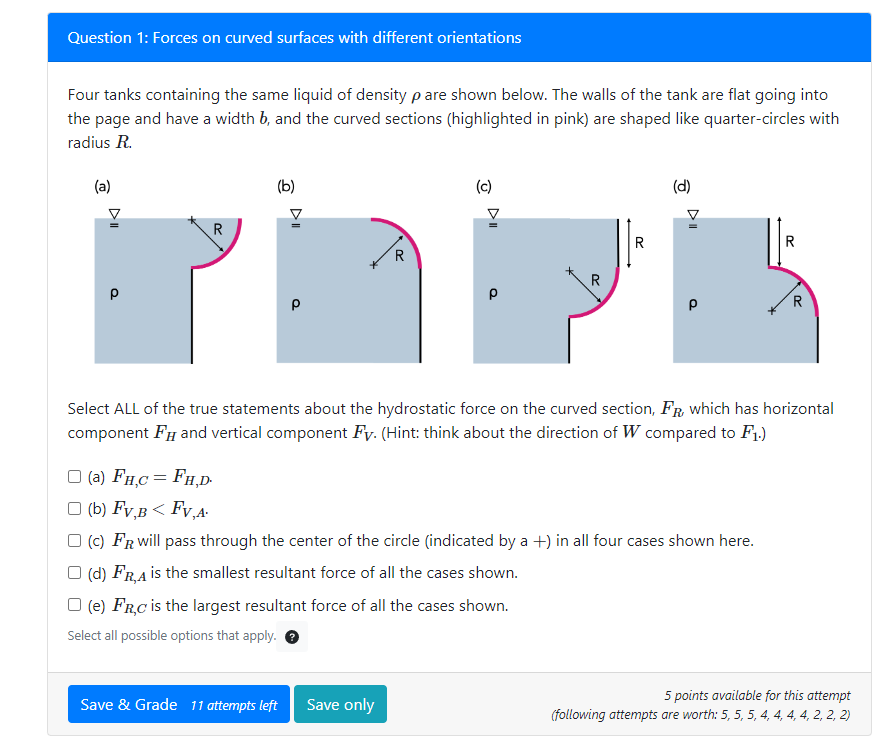 Solved Question 1: Forces on curved surfaces with different | Chegg.com