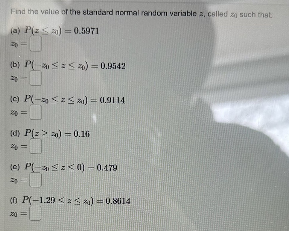 Solved Find the value of the standard normal random variable | Chegg.com