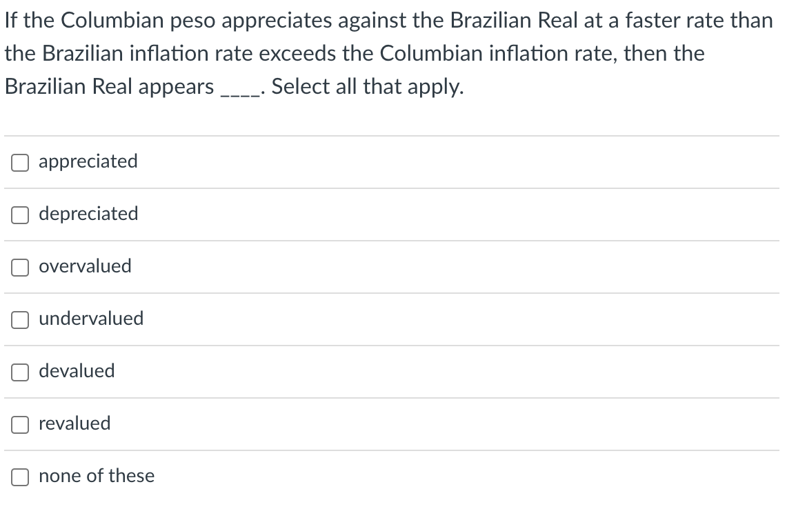 Solved If the Columbian peso appreciates against the | Chegg.com