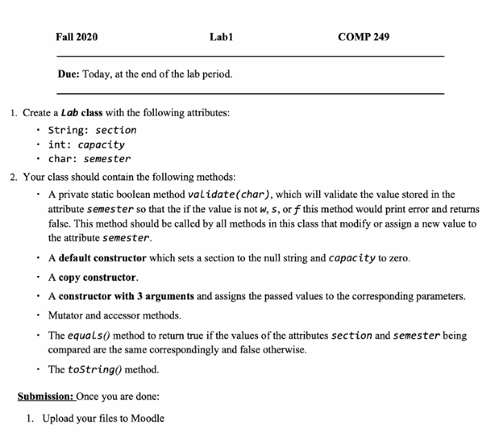 Fall 2020 Lab1 Comp 249 Due Today At The End Of The