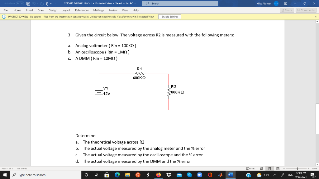 Solved Autosave a H2 CET3615.FalL2021.HW1-1 - Protected View | Chegg.com