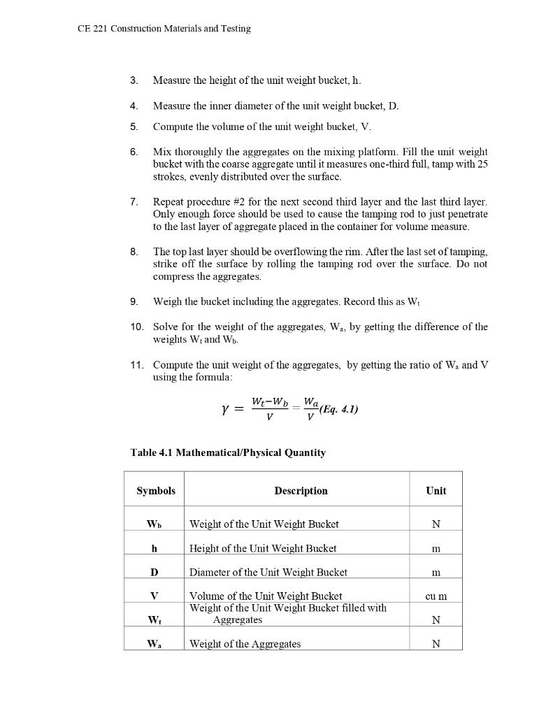 Solved UNIT WEIGHT OF COARSE AGGREGATES The unit weight is | Chegg.com
