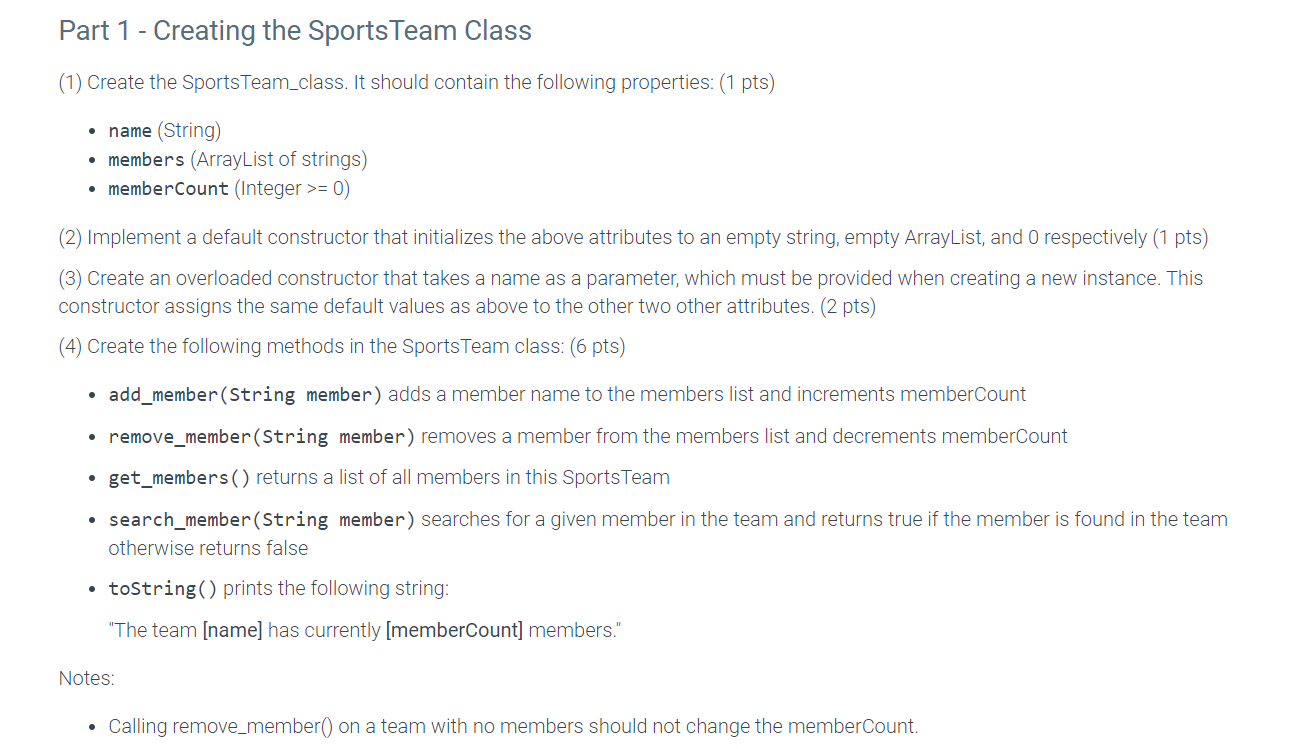 Solved Part 1 - Creating the Sports Team Class (1) Create | Chegg.com