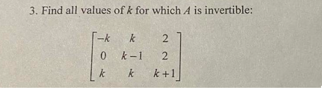 Solved 3. Find all values of k for which A is invertible: | Chegg.com