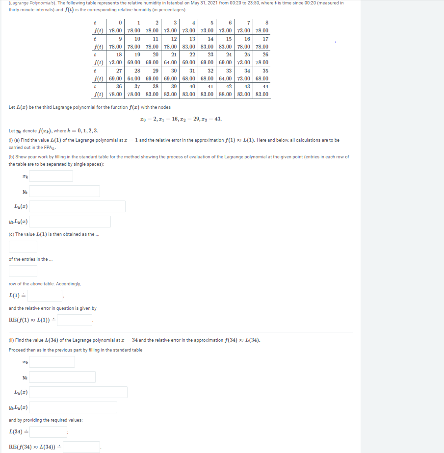 Solved (Lagrange Polynomials). The following table | Chegg.com