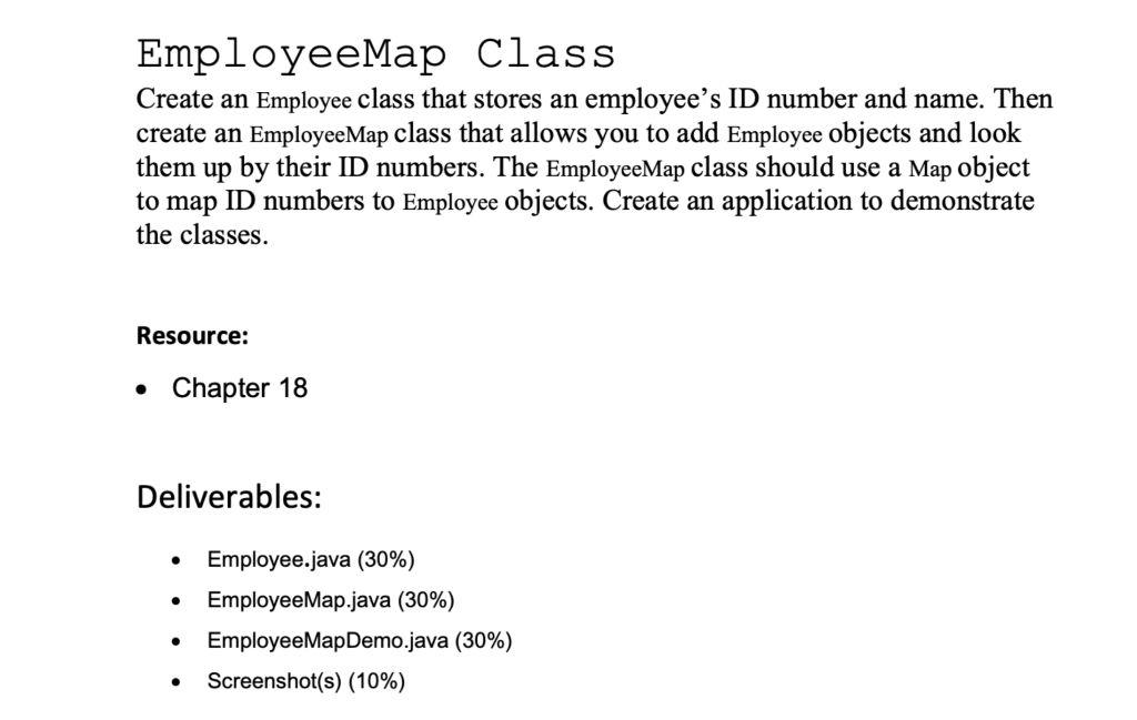 Solved EmployeeMap Class Create an Employee class that | Chegg.com