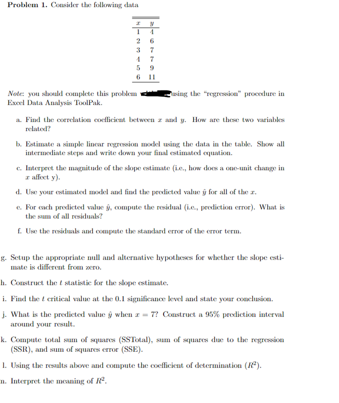Problem 1. Consider the following data Note: you | Chegg.com