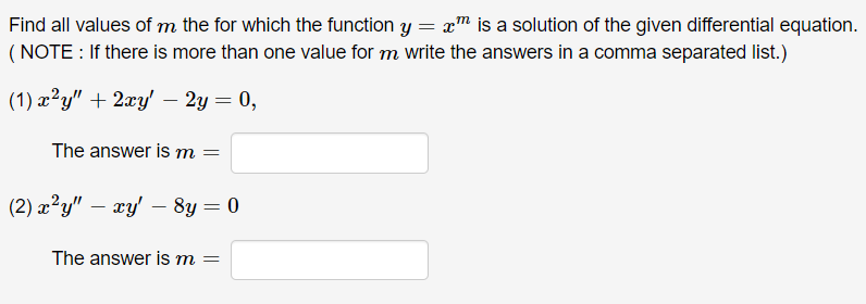 Solved Find all values of m the for which the function y=xm | Chegg.com