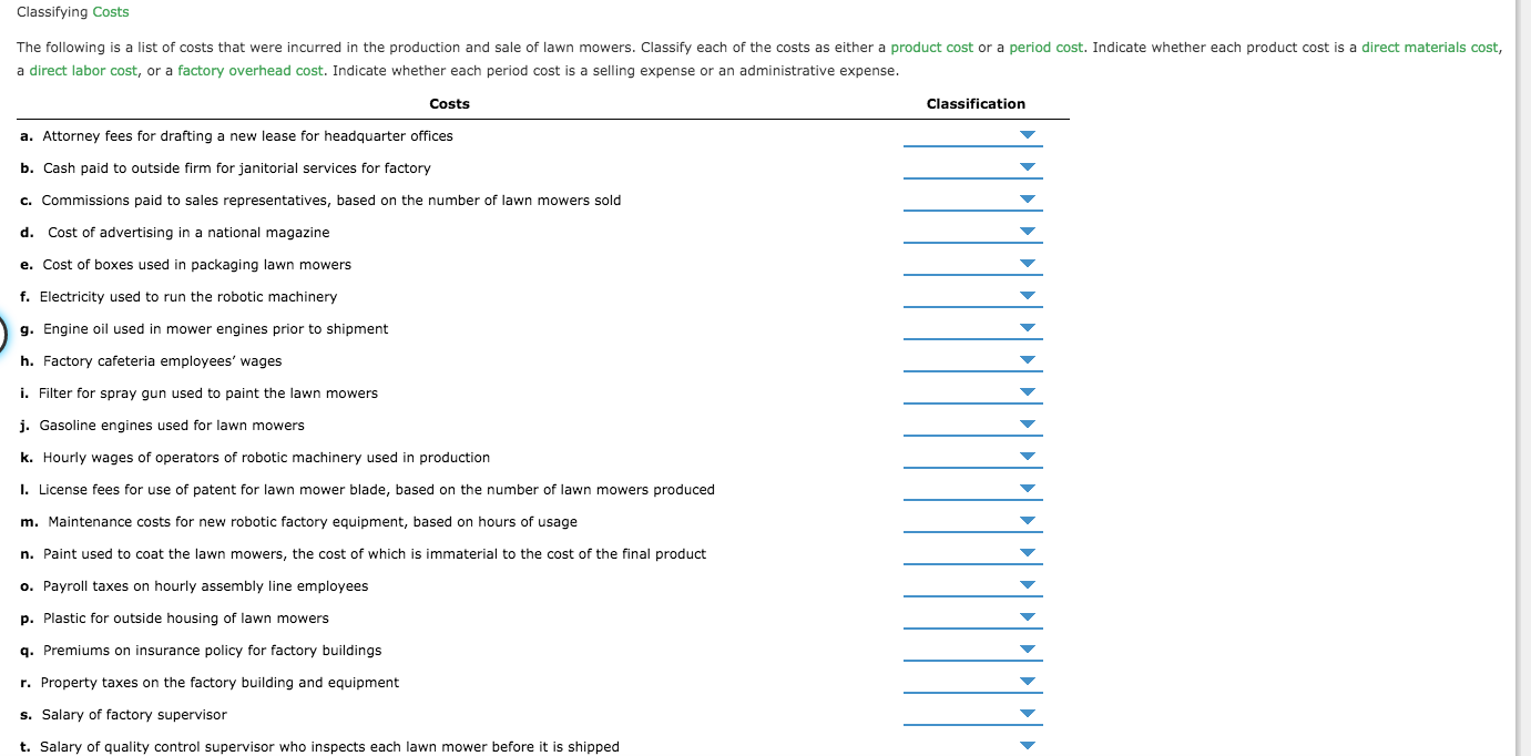 Solved Classifying Costs The following is a list of costs | Chegg.com
