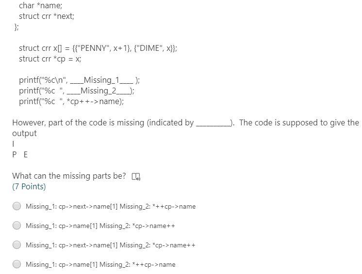 Solved char *name; struct crr *next; }; struct crr x[] = | Chegg.com