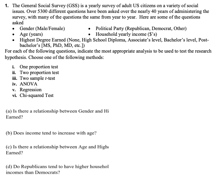 Solved 1. The General Social Survey (GSS) is a yearly survey | Chegg.com