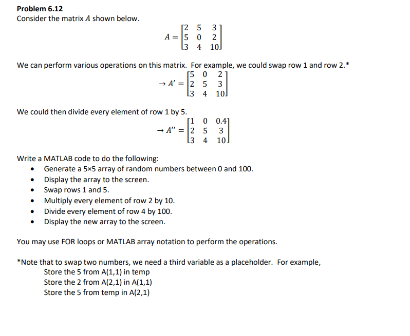 Solved Problem 6.12 Consider the matrix A shown below. 12 5 | Chegg.com