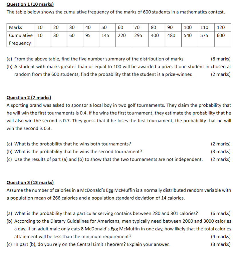 Solved Question 1 ( 10 ﻿marks)The table below shows the | Chegg.com