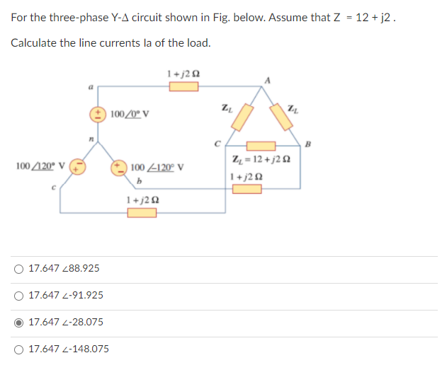 Solved For the three-phase Y-A circuit shown in Fig. below. | Chegg.com
