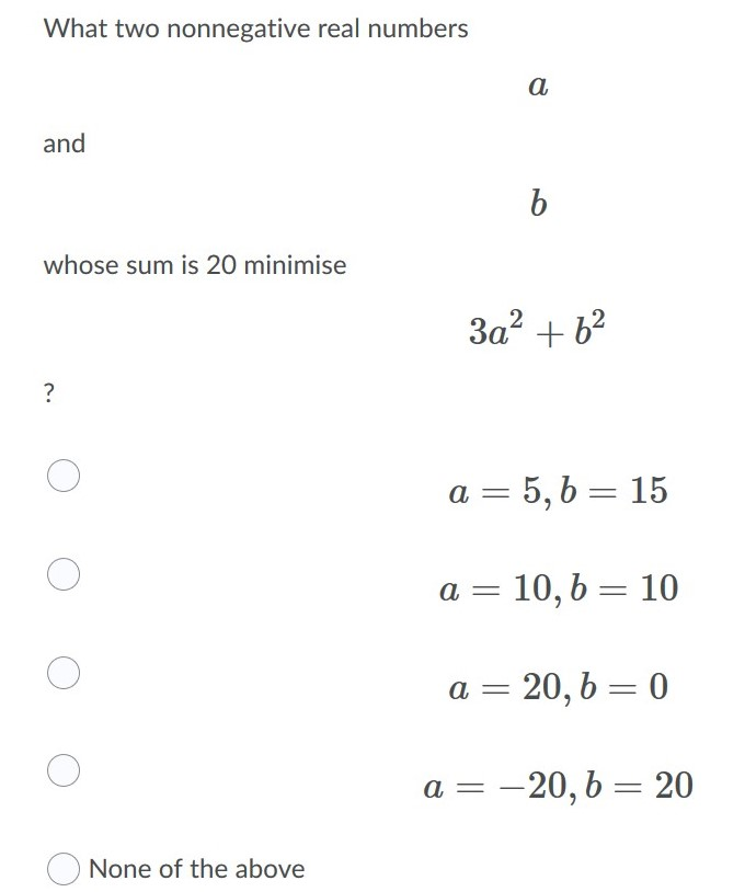 Solved What two nonnegative real numbers a and 6 whose sum | Chegg.com