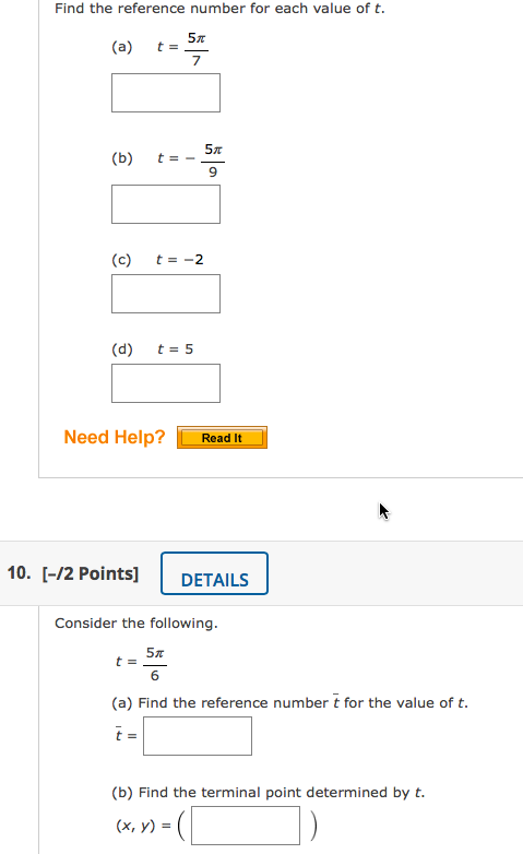Solved Find the reference number for each value of t. 5л (a) | Chegg.com