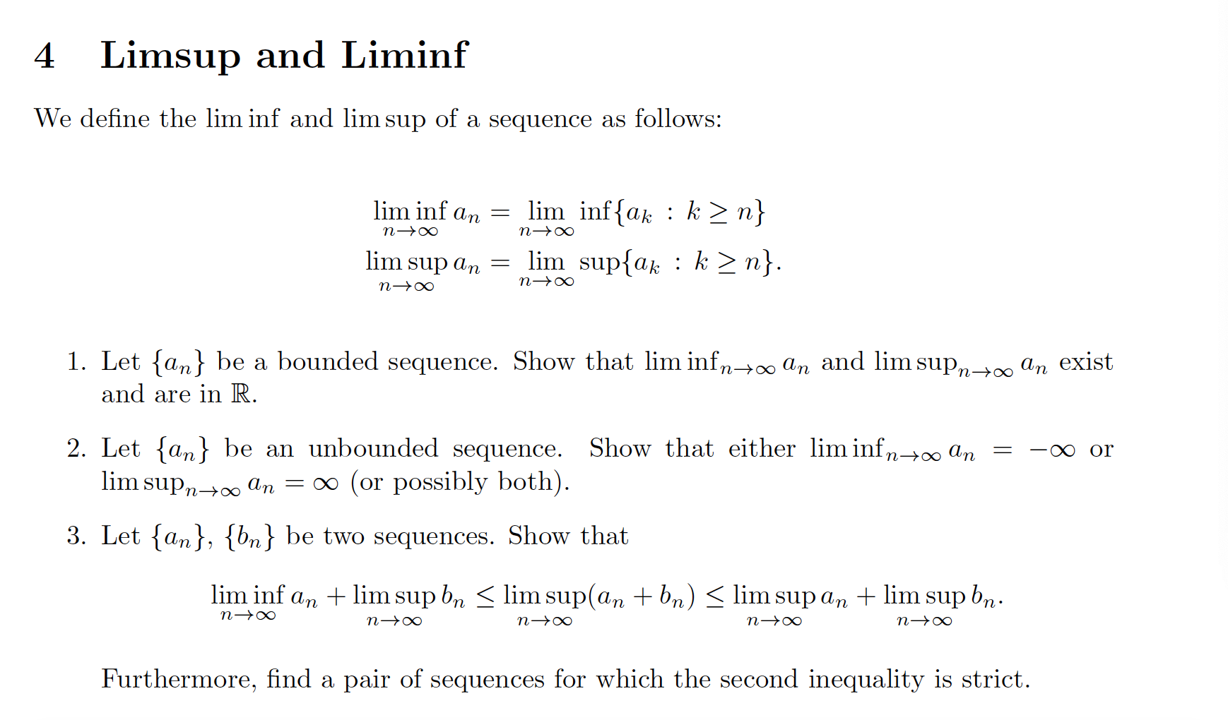 Solved 4 Limsup and Liminf We define the lim inf and lim sup | Chegg.com