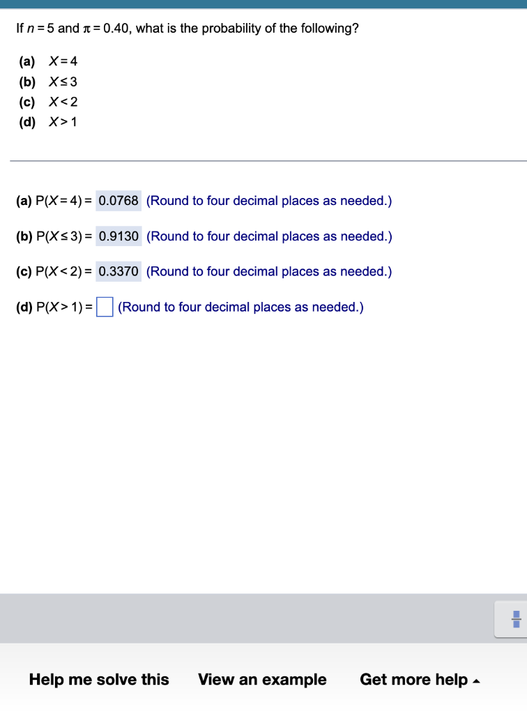Solved If n=5 and a = 0.40, what is the probability of the | Chegg.com