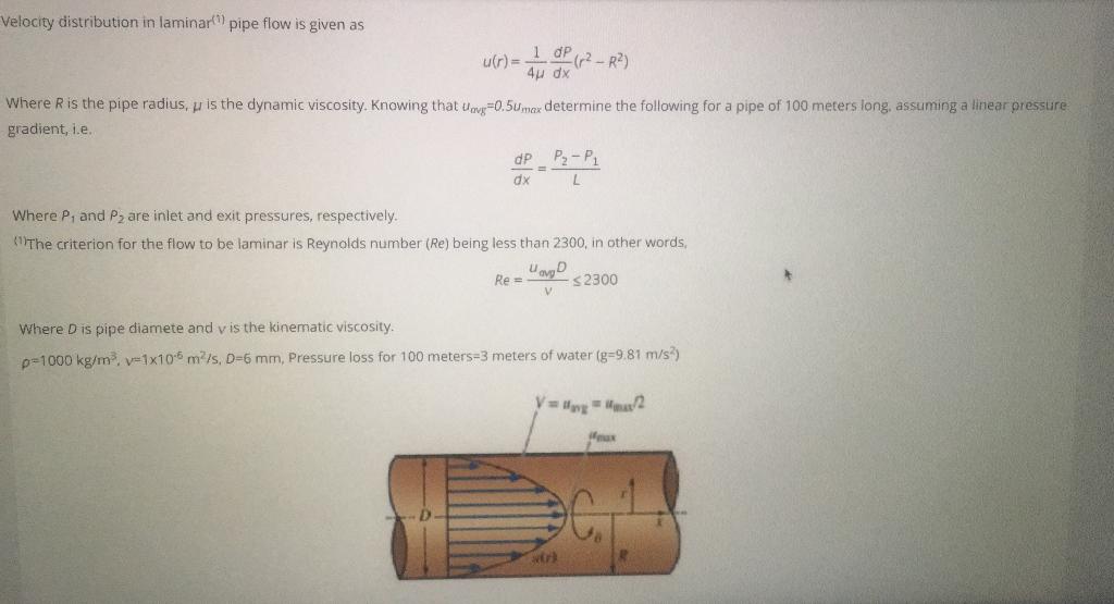 Solved Velocity distribution in laminar pipe flow is given | Chegg.com