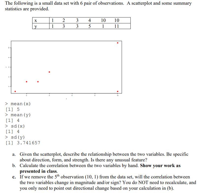 Solved The following is a small data set with 6 pair of | Chegg.com