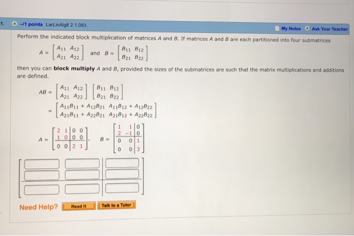 Solved 1. + -11 points LarLinAlg8 2.1.083 My Notes Ask Your | Chegg.com