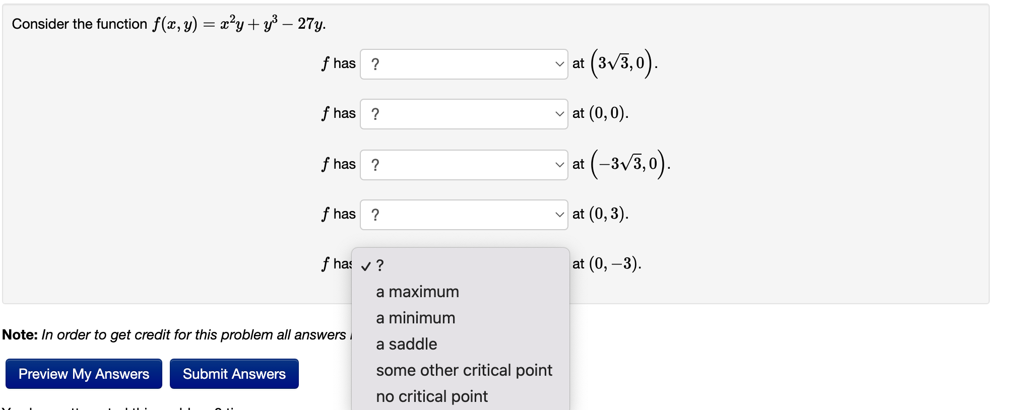 Solved Consider The Function F X Y X2y Y3−27y F Has F Has F