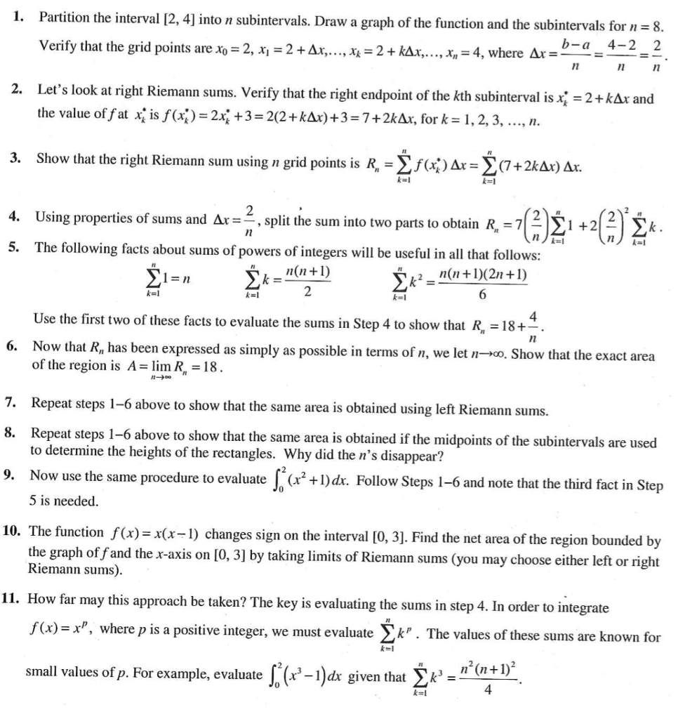 Solved 1. Partition the interval [2,4] into n subintervals. | Chegg.com