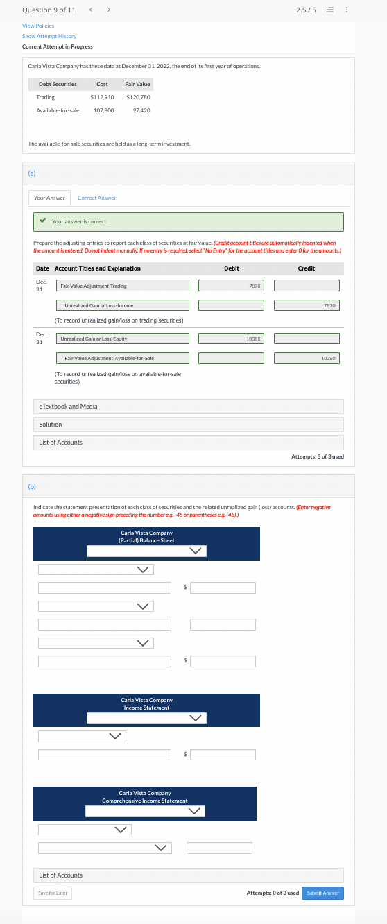 Solved Question 9 of 11 2.5/5 E 1 View Policies Show | Chegg.com