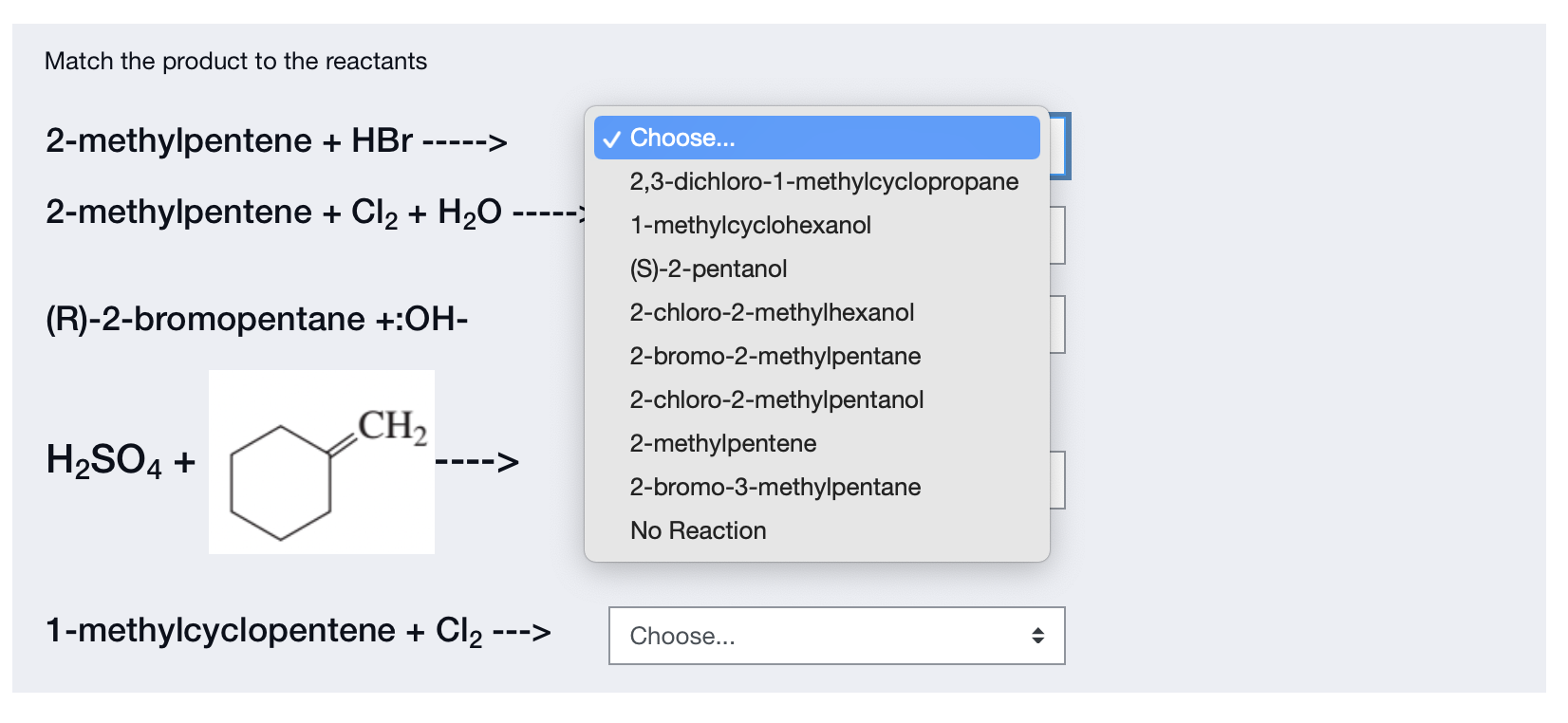 Solved Match the product to the reactants 2-methylpentene + | Chegg.com