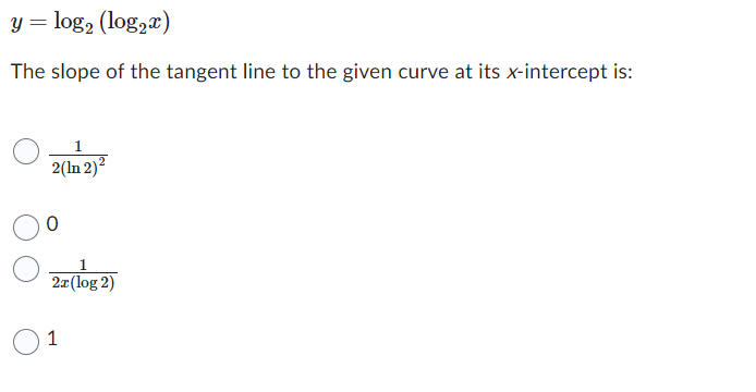 Solved y=log2(log2x) The slope of the tangent line to the | Chegg.com