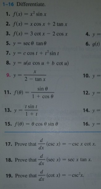 Solved 1-16 Differentiate. 1. f(x) sin x 2, ,f(x) = x cos x | Chegg.com